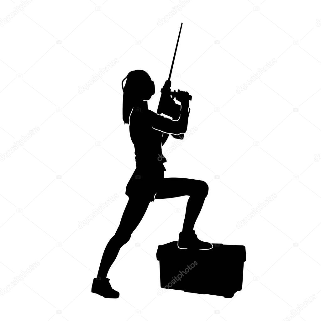 Silueta de una trabajadora de la construcción que lleva la máquina ...