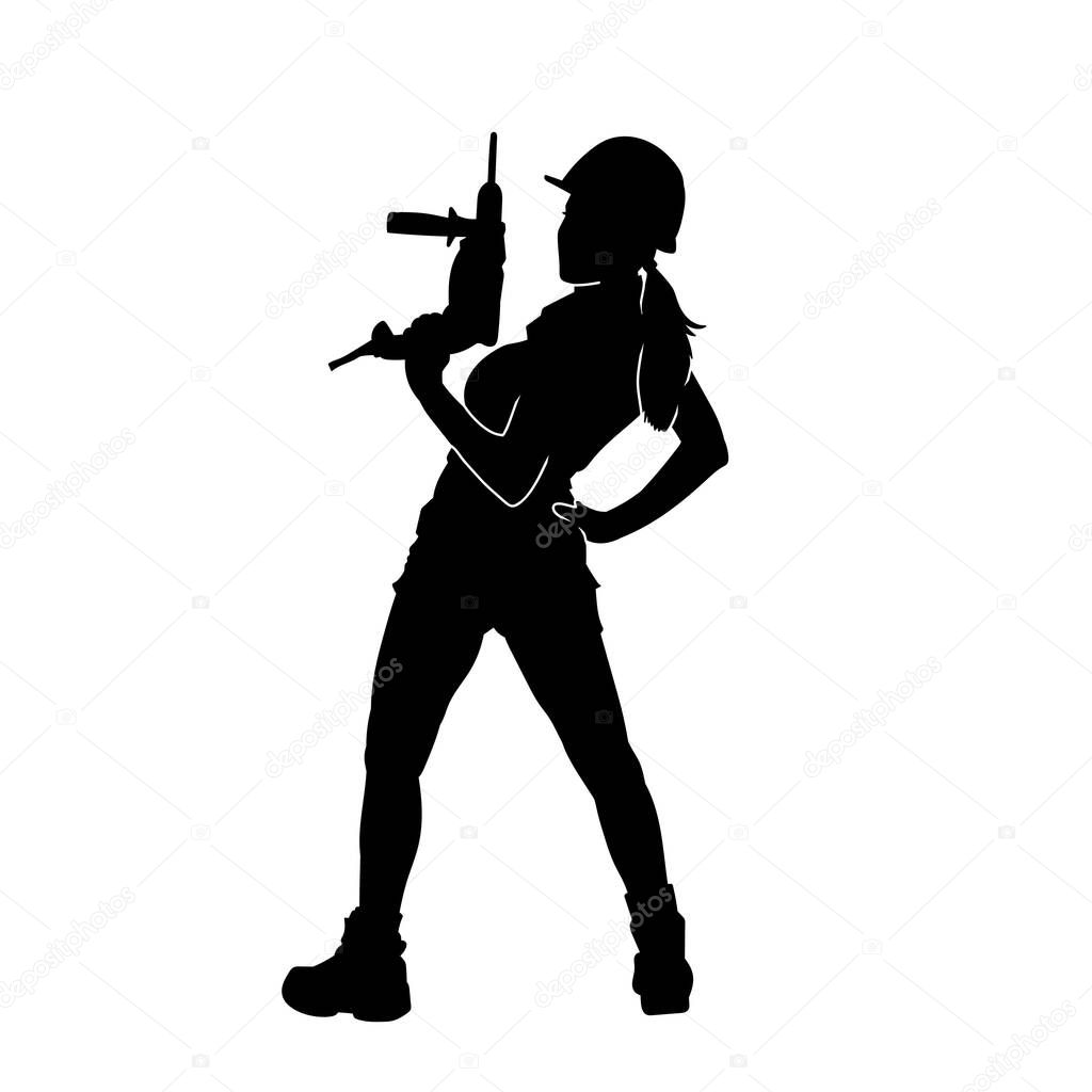 Silueta de una trabajadora de la construcción que lleva la máquina ...