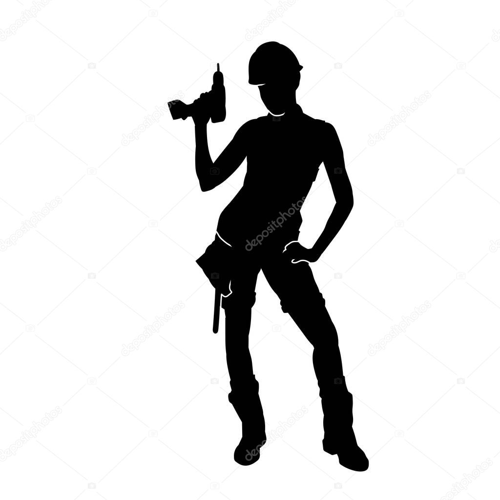 Silueta de una trabajadora de la construcción que lleva la máquina ...