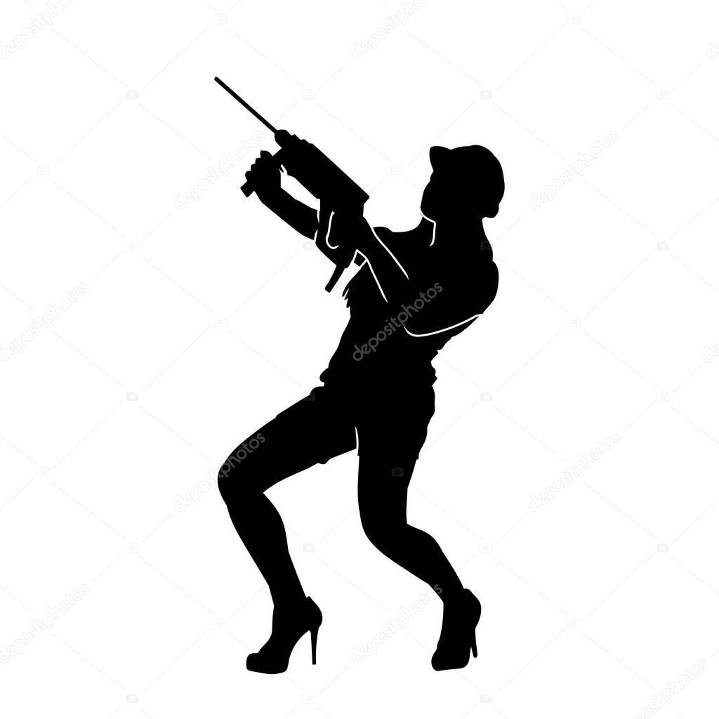 Silueta de una trabajadora de la construcción que lleva la máquina ...