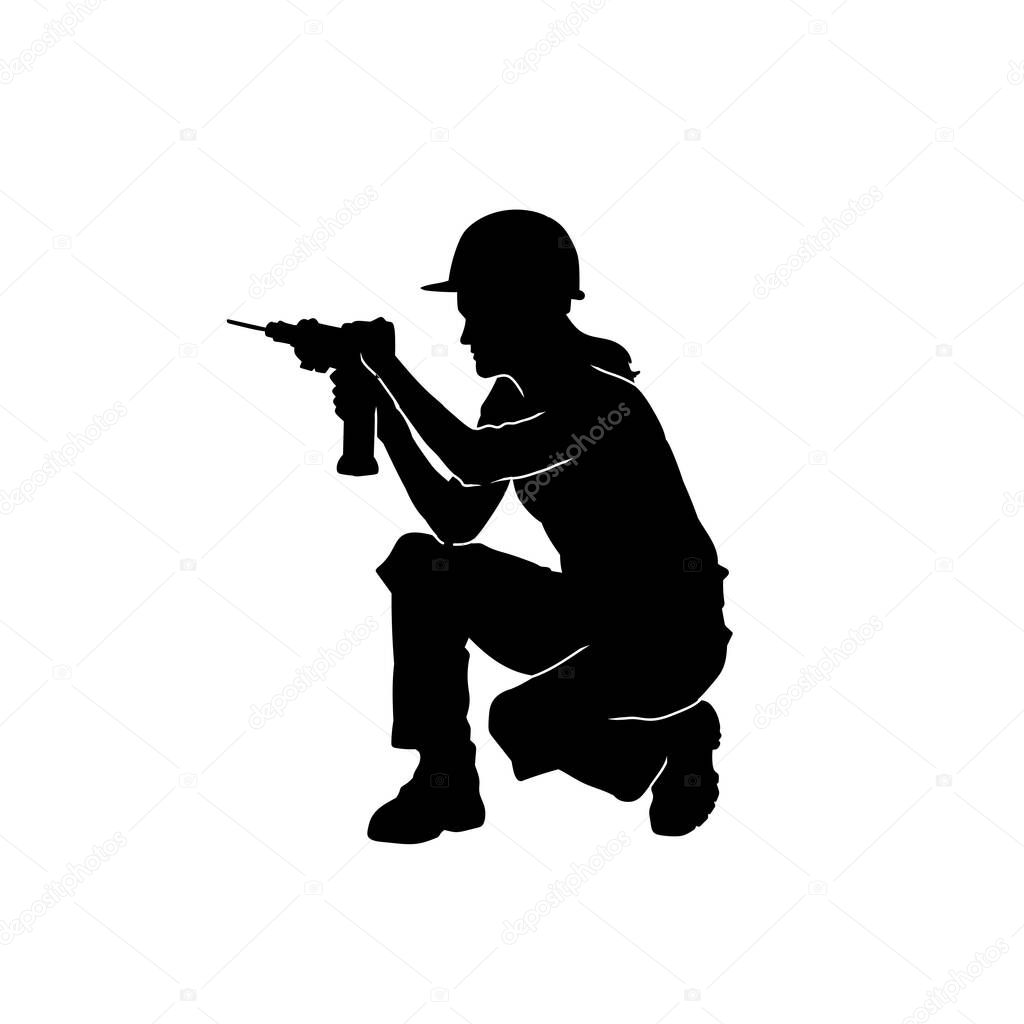 Silueta de una trabajadora de la construcción que lleva la máquina ...