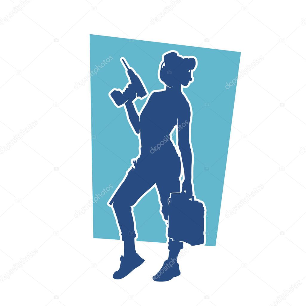 Silueta de una trabajadora de la construcción que lleva la máquina ...