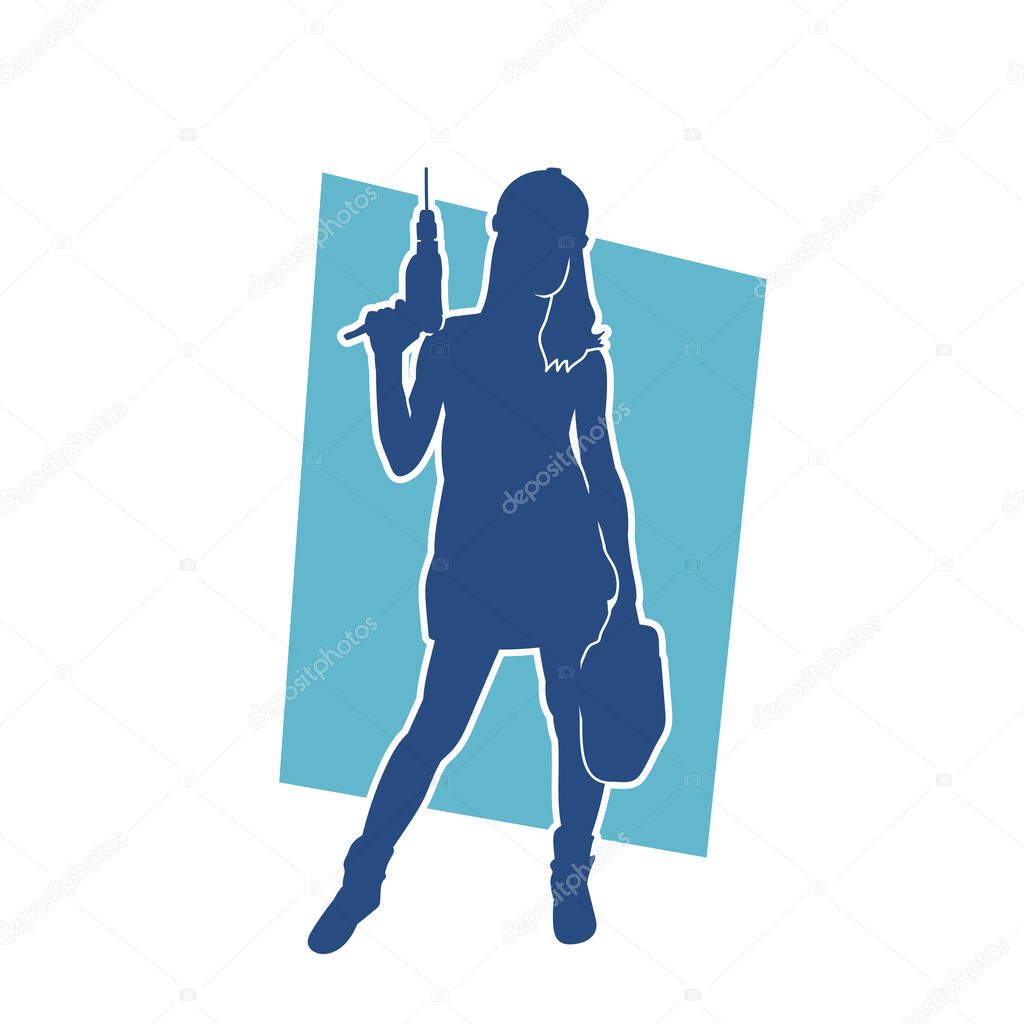 Silueta de una trabajadora de la construcción que lleva la máquina ...