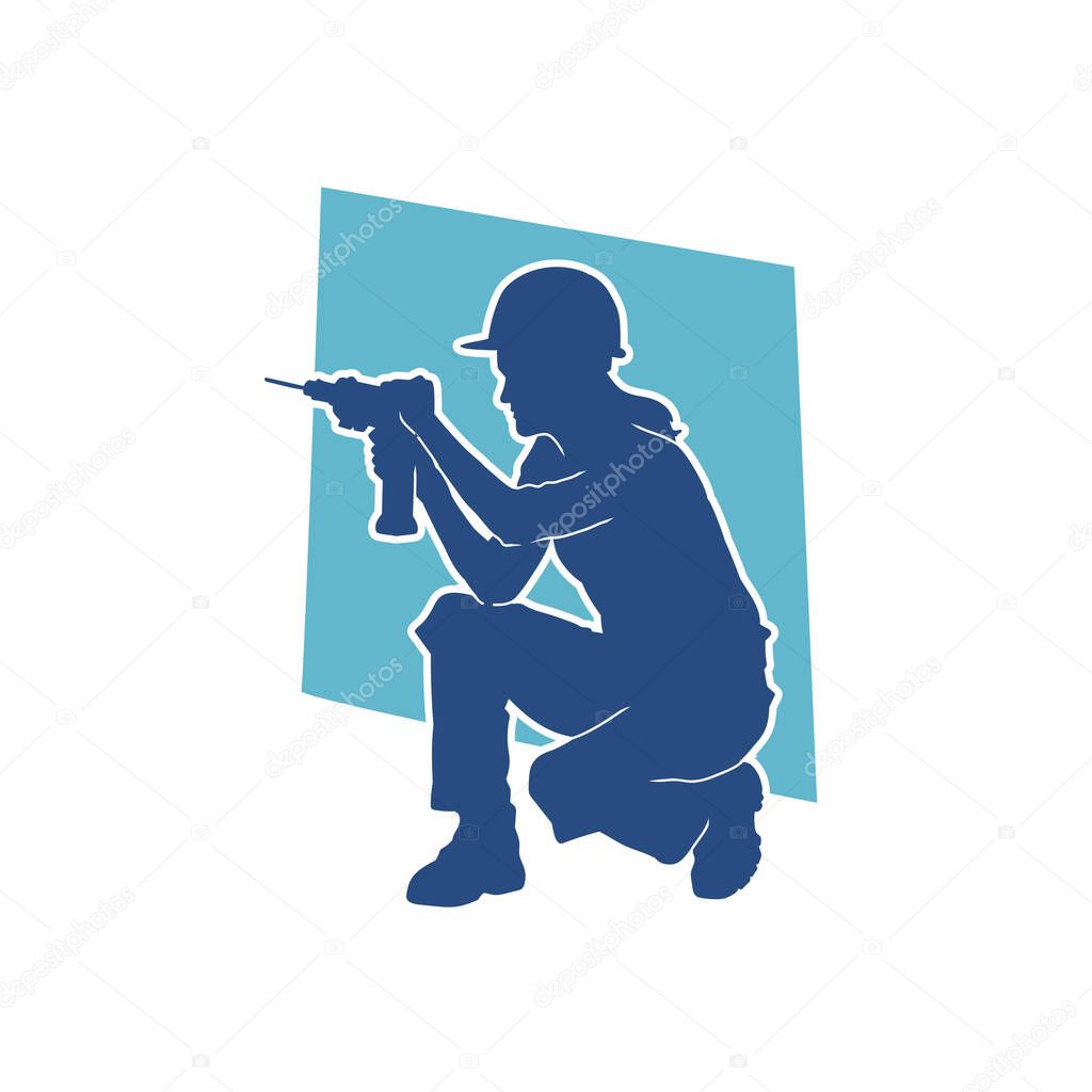 Silueta de una trabajadora de la construcción que lleva la máquina ...