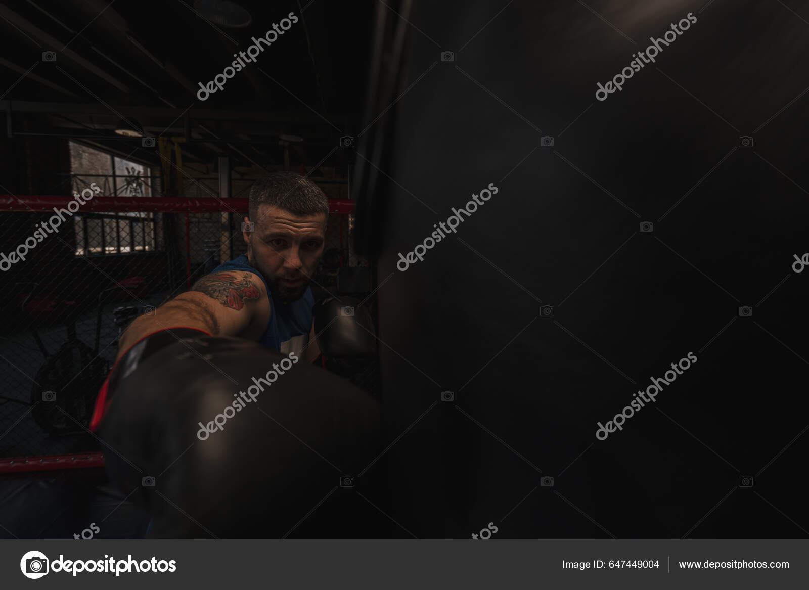 Boxing Gym Boxer Trains His Punches Hitting Punching Bag — Stock Photo ...
