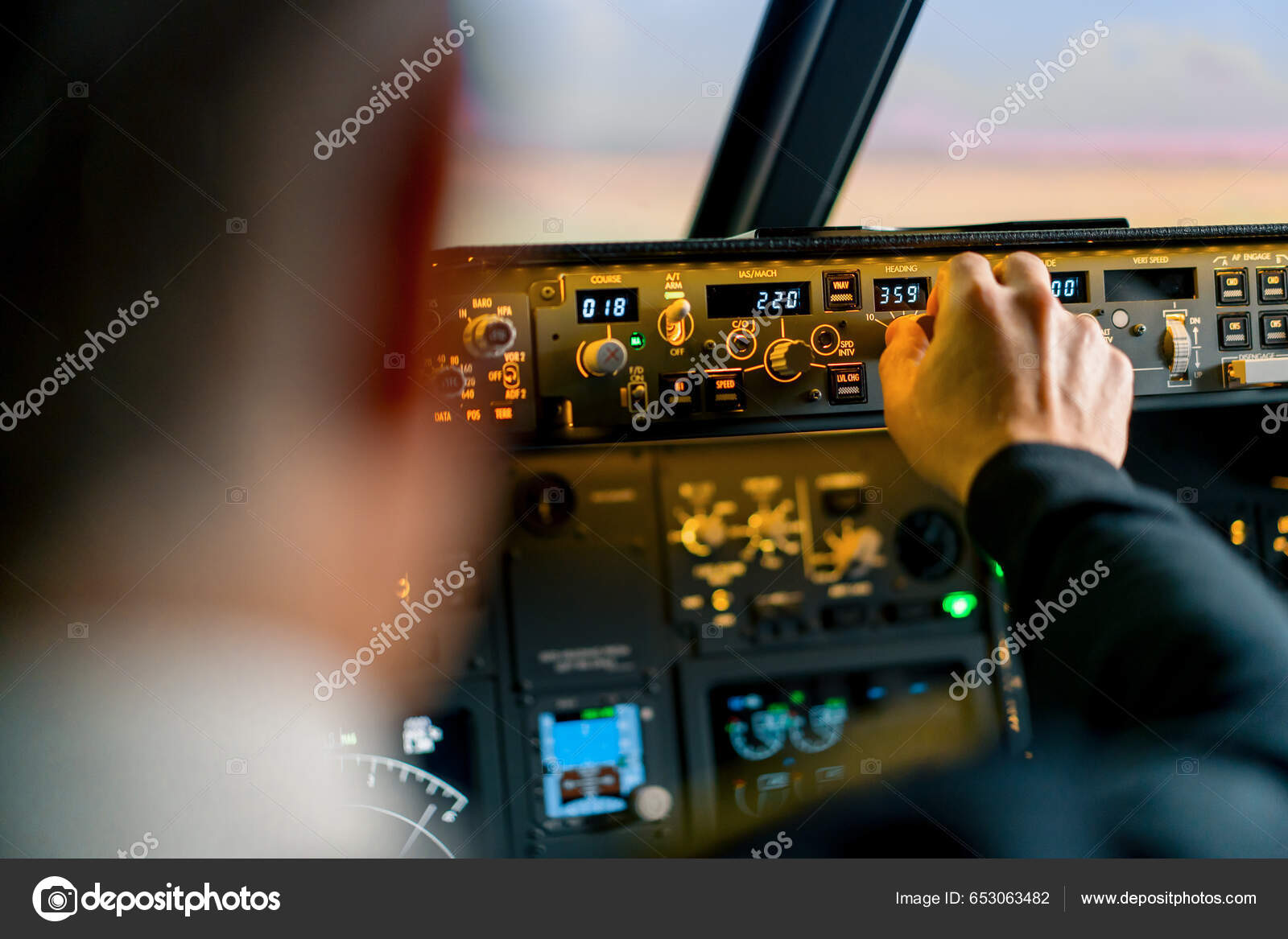 Airplane Cockpit View Pilot's Shoulder Pressing Buttons Airplane Ready ...