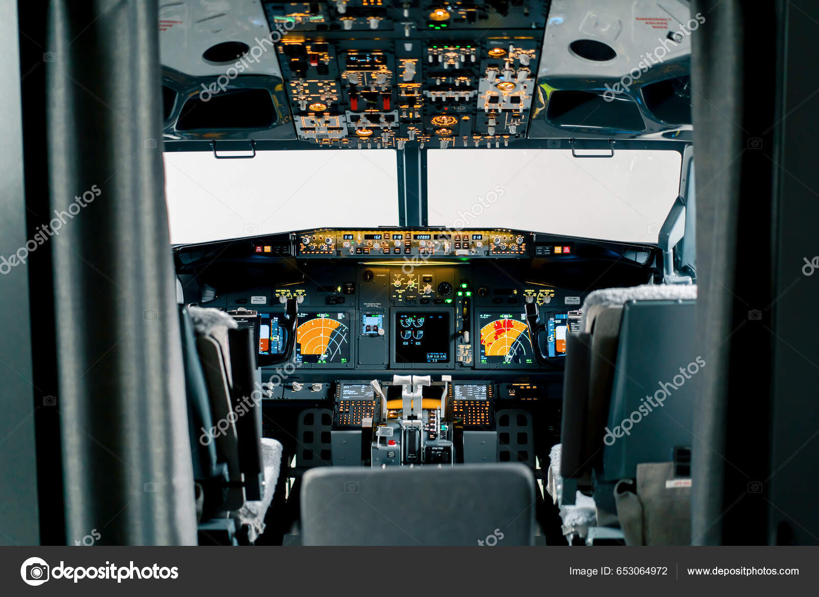 Empty Airplane Cockpit Flight Deck Modern Passenger Plane Ready Fly ...