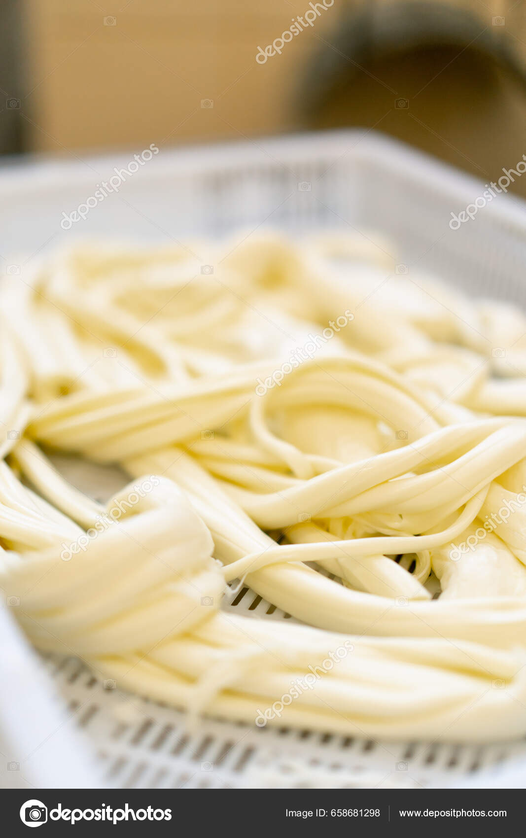 Freshly Prepared String Cheese Lies Container Production Cheese Factory ...