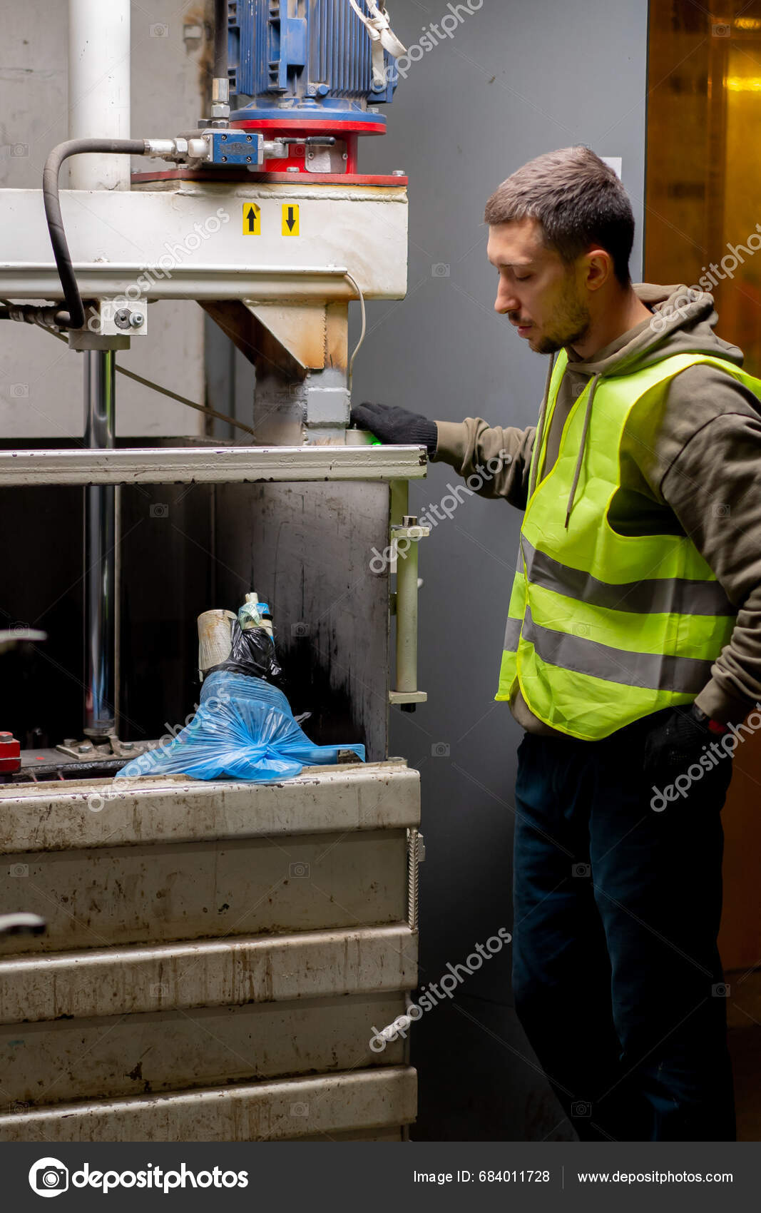 Recycling Plant Employee Uniform Puts Bags Garbage Special Press ...