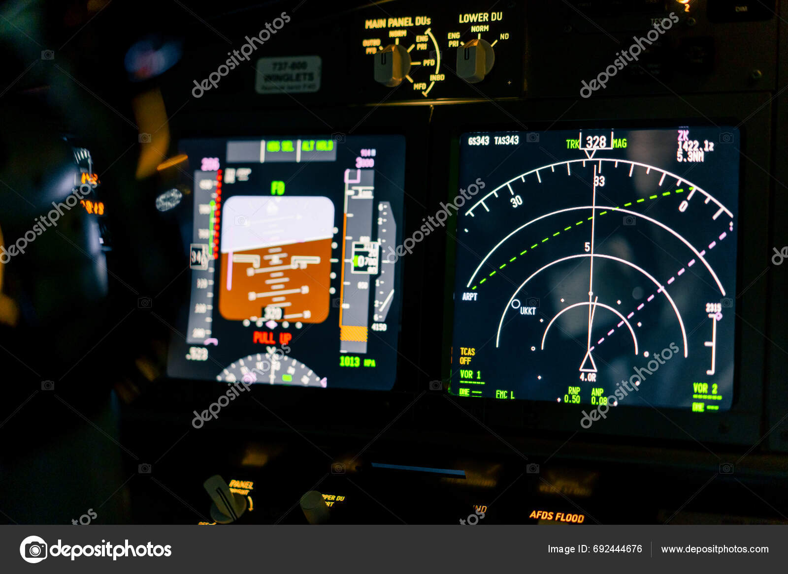 Close Airplane Cockpit Center Panel Main Flight Display Navigation ...