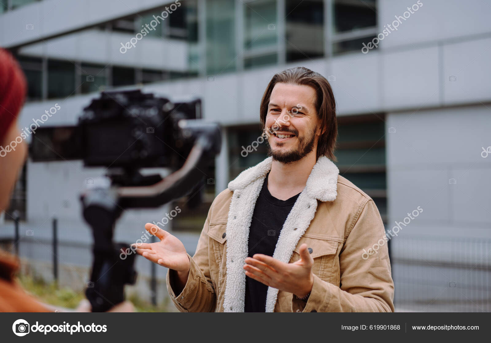 Long Haired Actor Man Talking Gesturing While Cameraman Shooting Him ...
