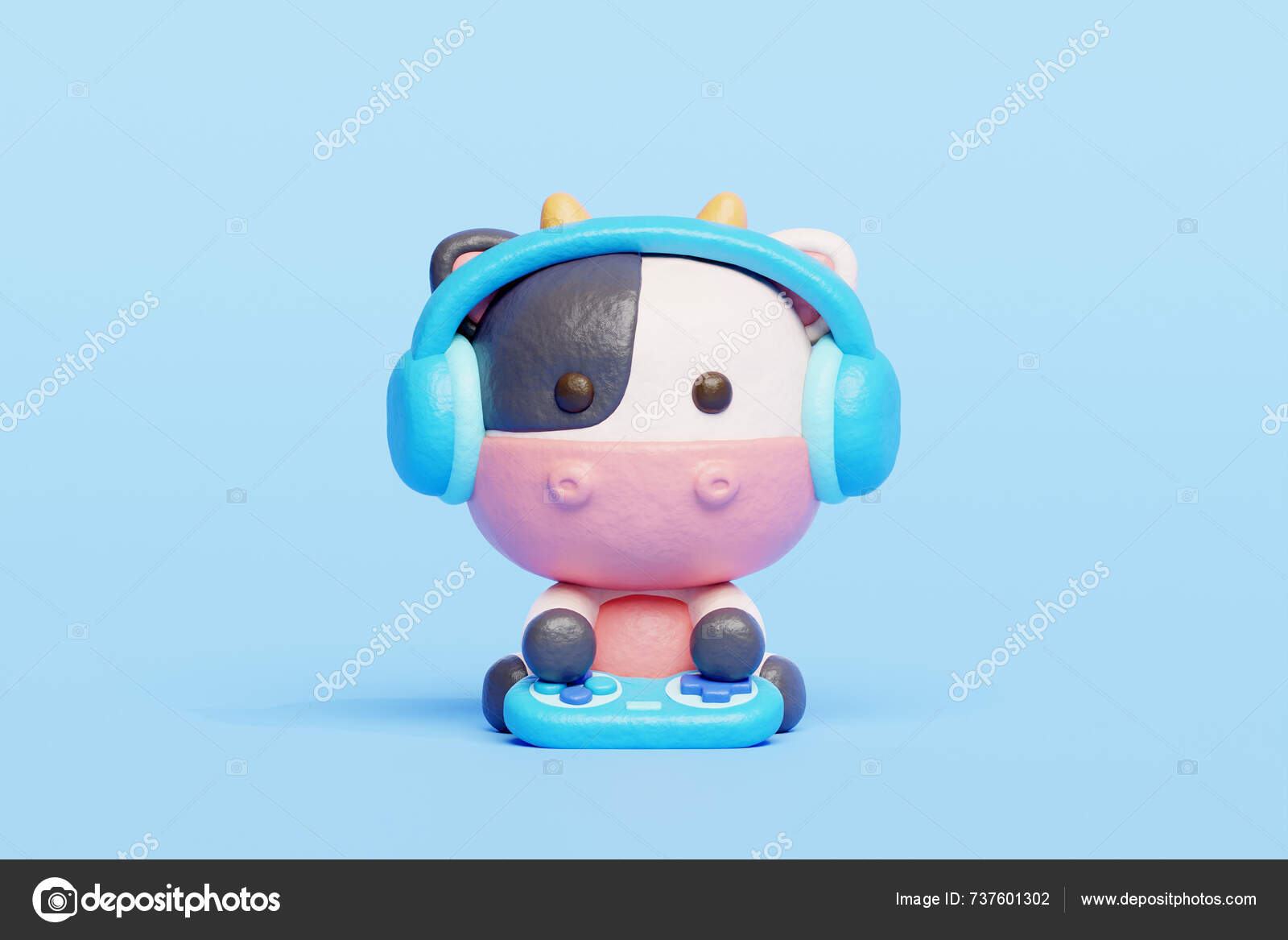 Cute Cow Playing Video Game Cartoon Animal Character Rendering — Stock ...