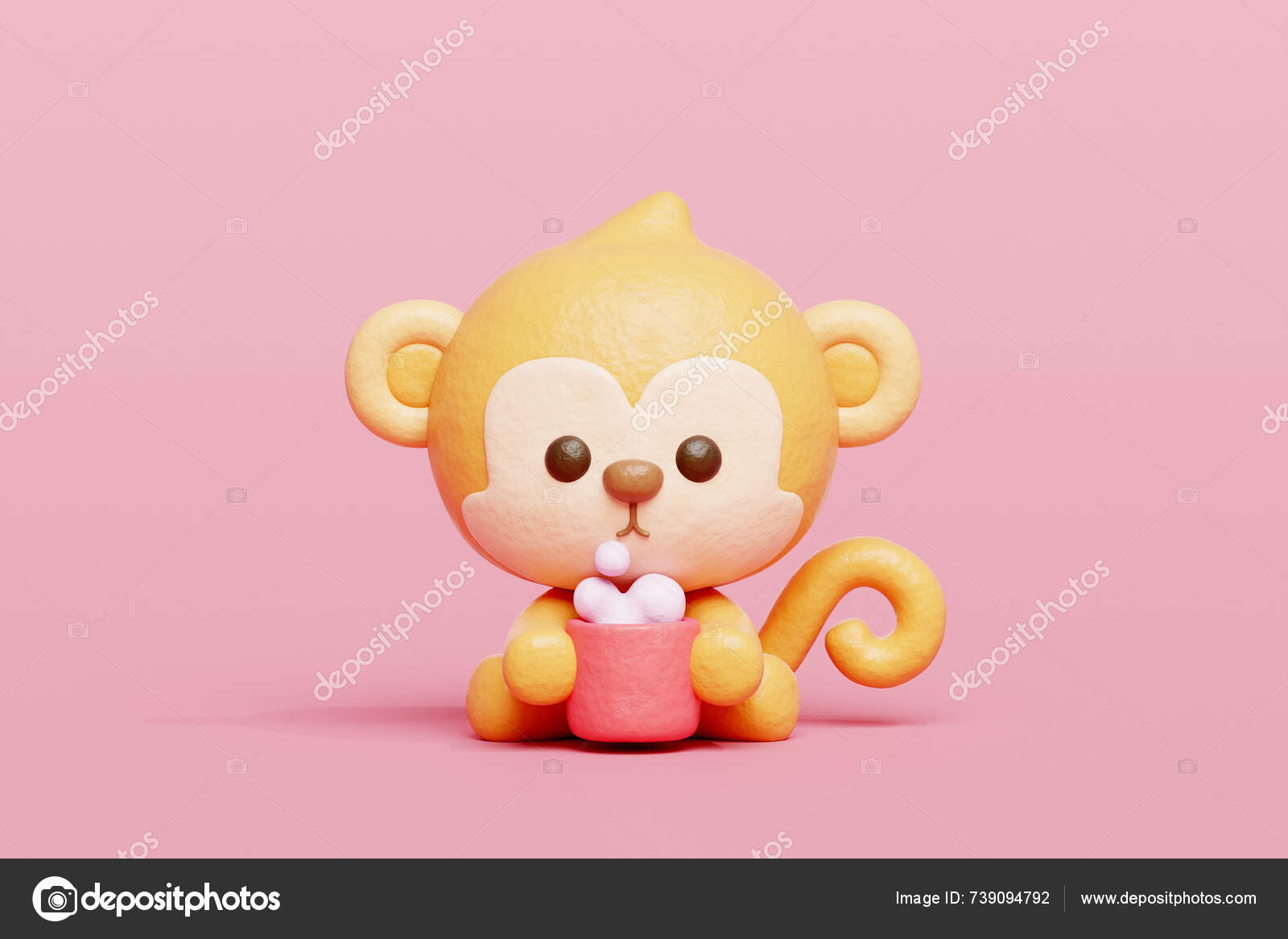 Cute Monkey Drinking Coffee Cartoon Animal Character Rendering — Stock ...