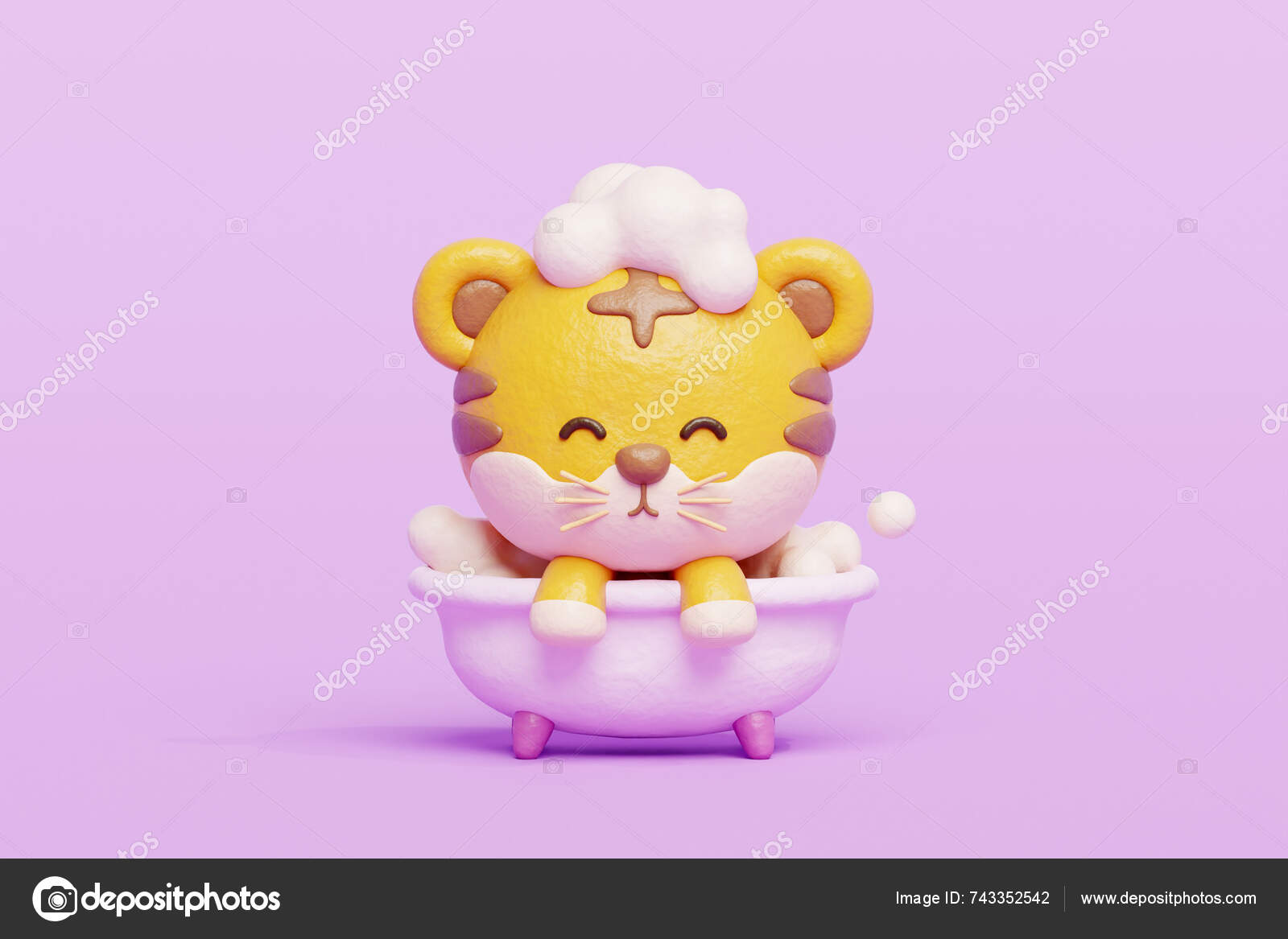 Cute Tiger Bathing Shower Bathtub Cartoon Animal Character Rendering ...