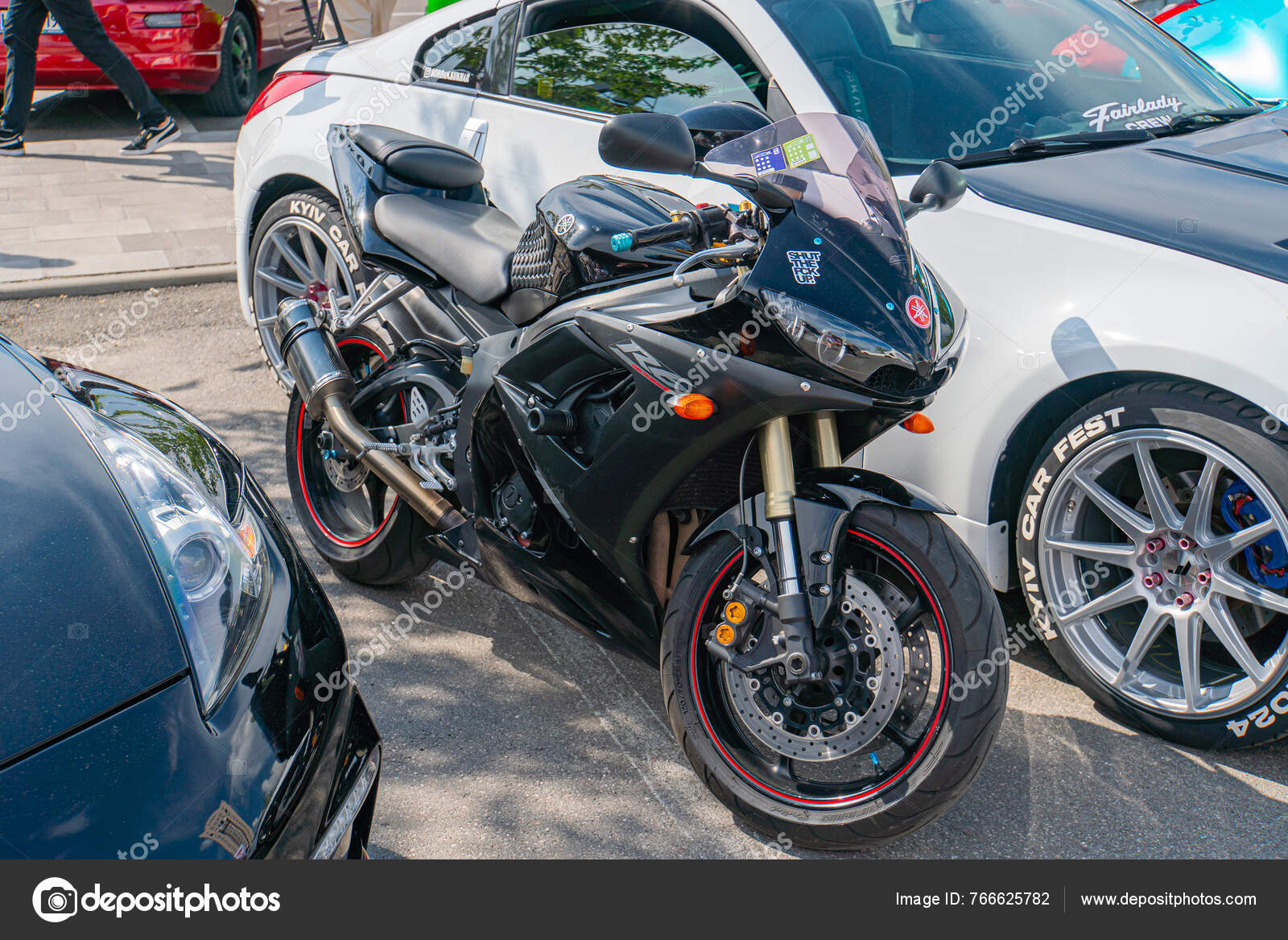 Black Motorcycle High Rise Handlebar Aerodynamic Fairing Sits Outdoor ...