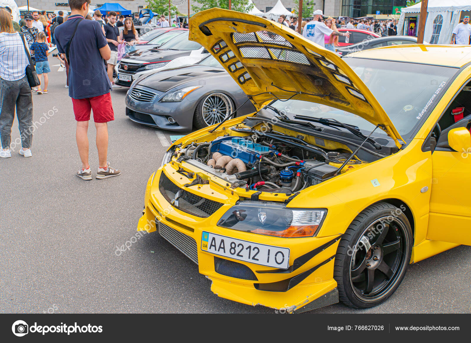 Modified Yellow Car Its Hood Propped Open Reveals Its Engine — Stock ...
