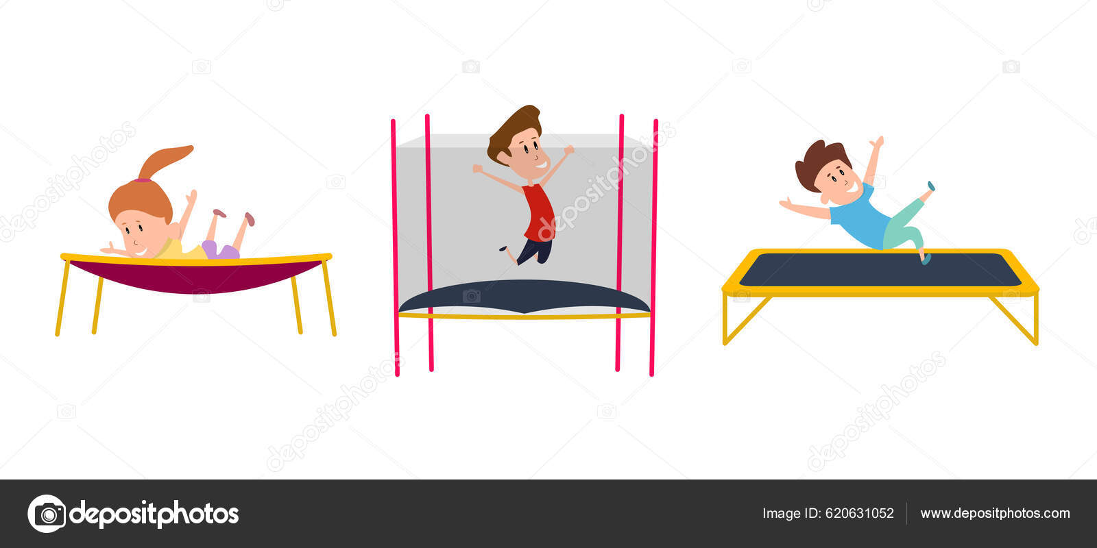 Set Trampolines Children Cartoon Style Vector Illustration Children's Entertainment Girls Stock ...