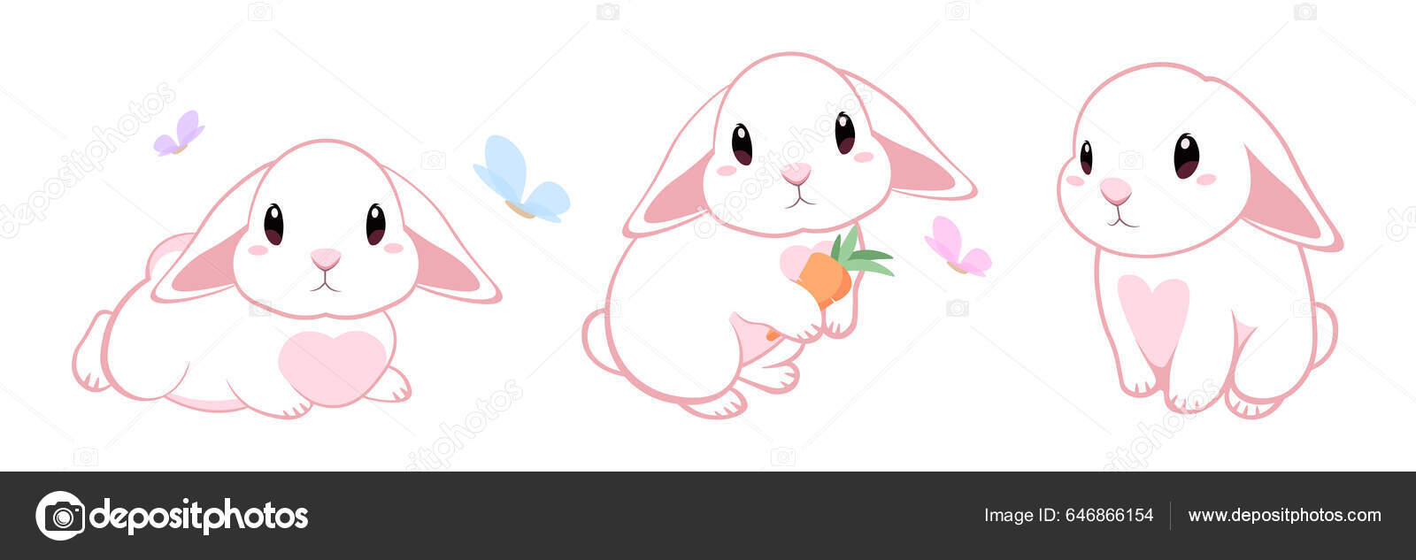 Vector Illustration Cute Beautiful Rabbits White Background Charming ...