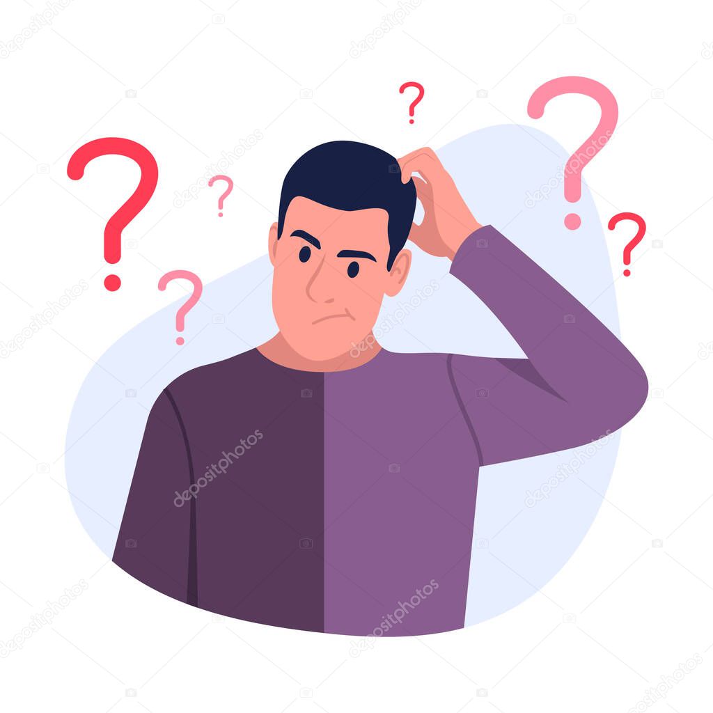 Vector ilustración de las dudas. Escena de dibujos animados con chico ...