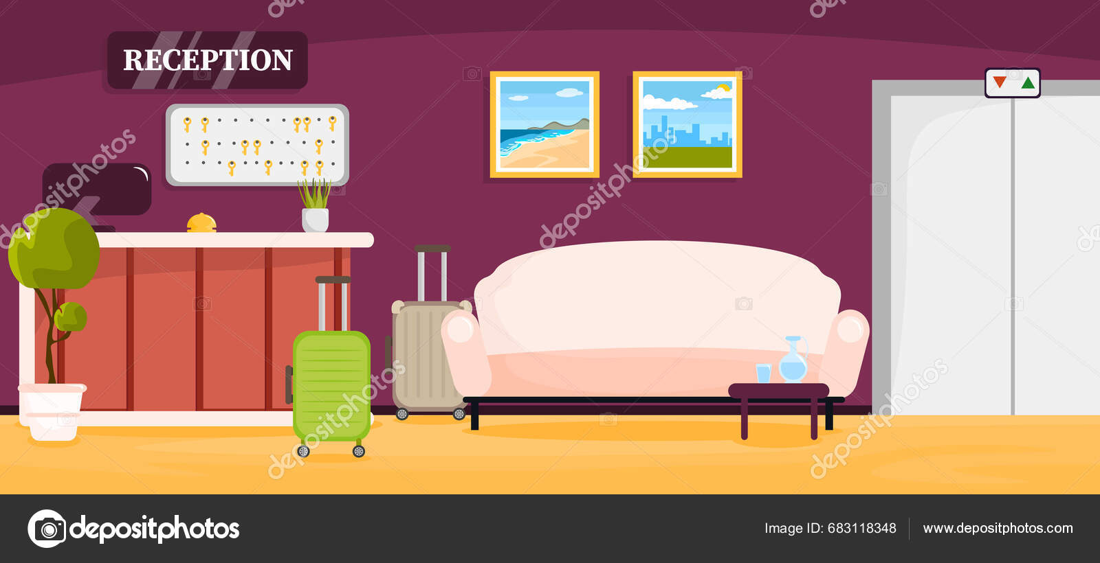 Vektorillustration Der Modernen Hotelrezeption Cartoon Interieur Mit ...