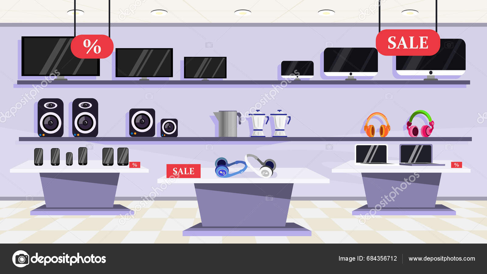 Vector Illustration Modern Interior Home Appliances Store Cartoon ...