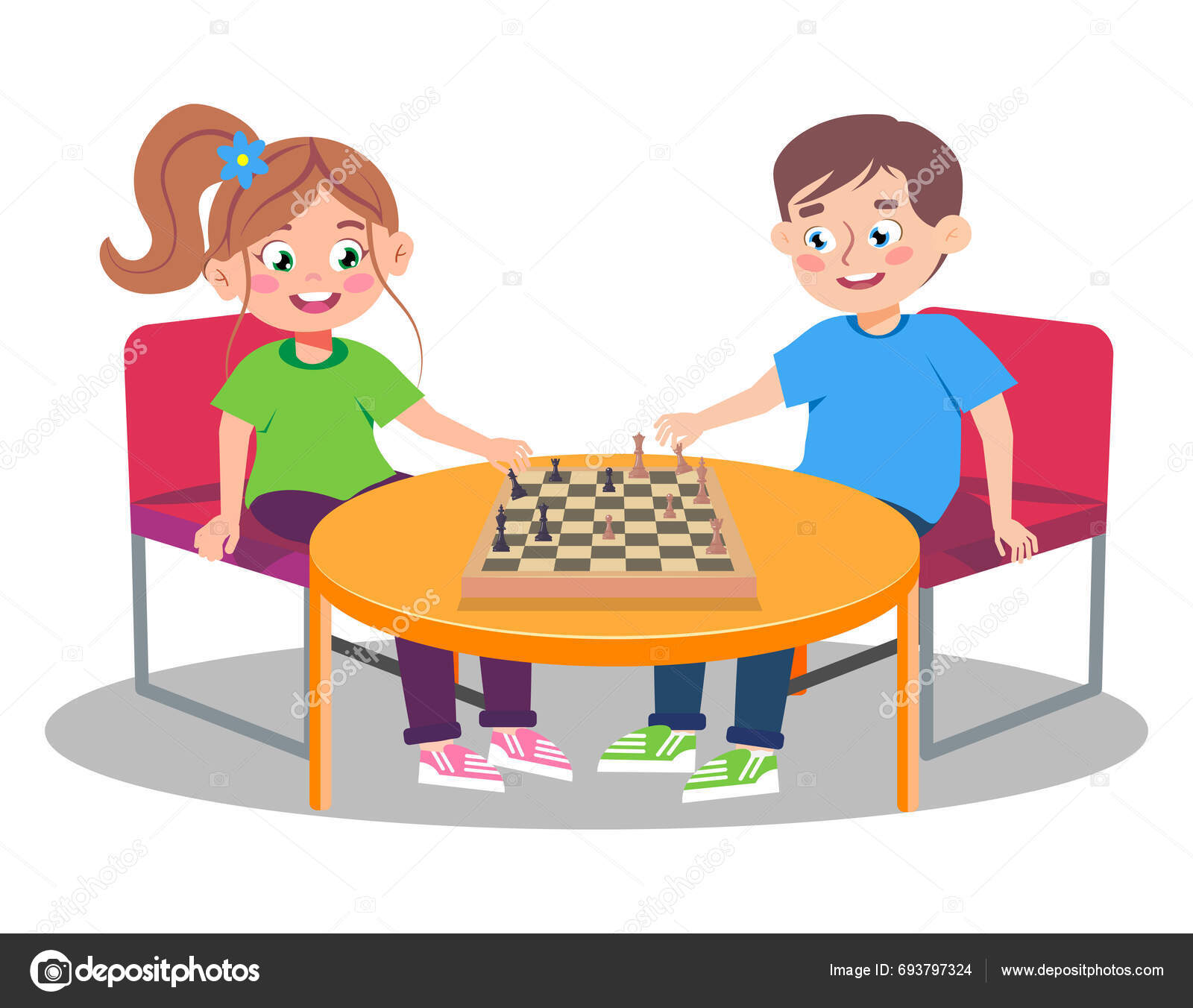 Vektor Illustration Søde Børn Spiller Skak Tegneserie Scene Med ...