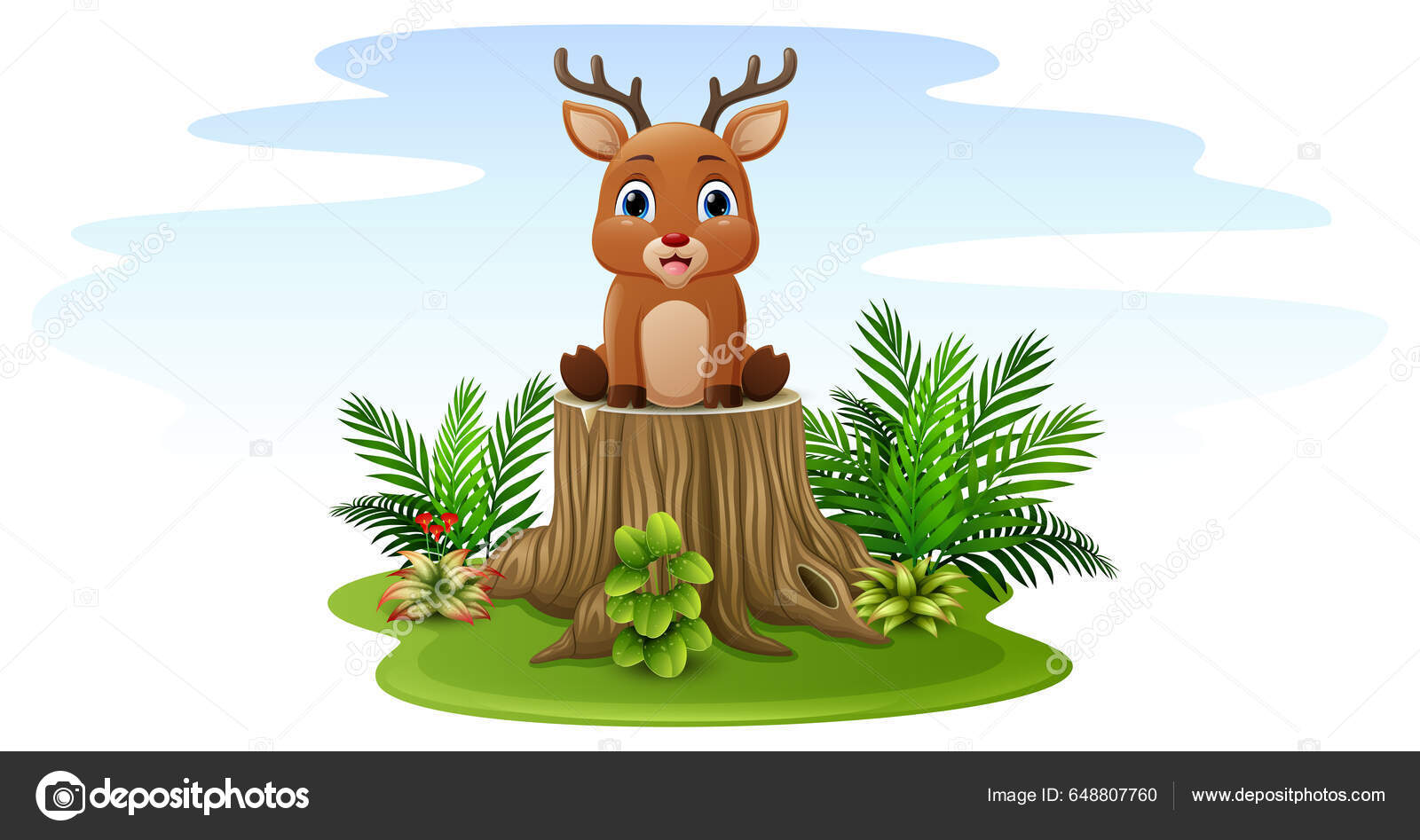 Ilustración Vectorial Venado Dibujos Animados Sentado Tronco Árbol ...