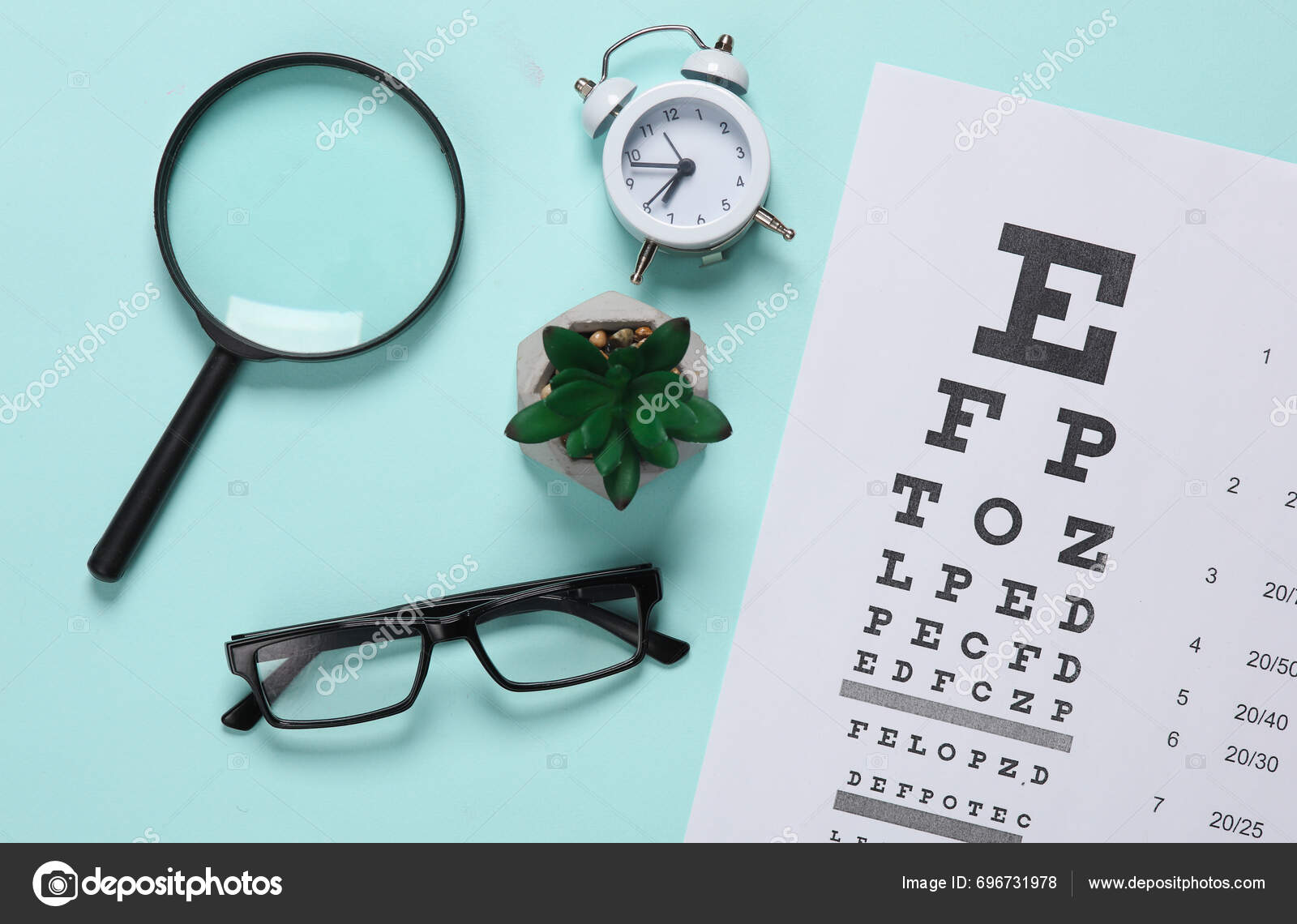 Magnifying Glass Eyeglasses Alaqrm Clock Eye Test Chart Blue Background ...