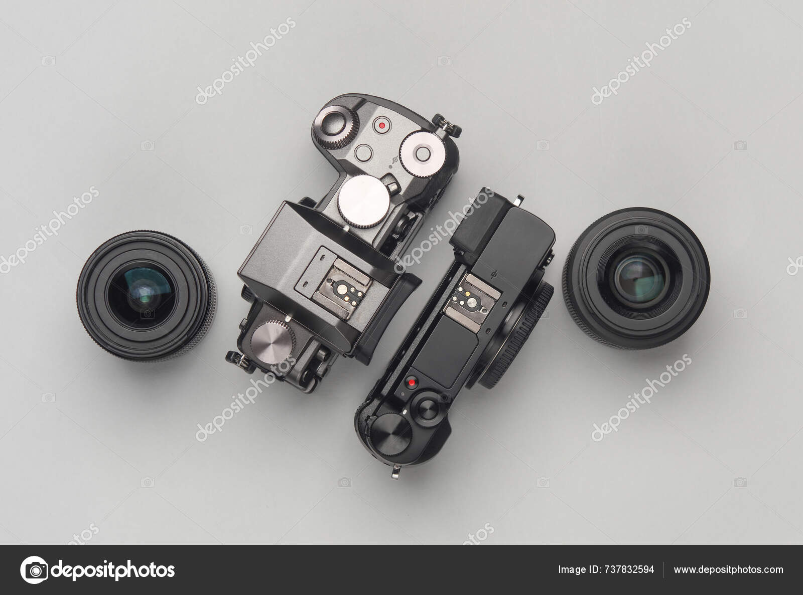 Two Modern Digital Mirrorless Cameras Lenses Gray Background Top View ...