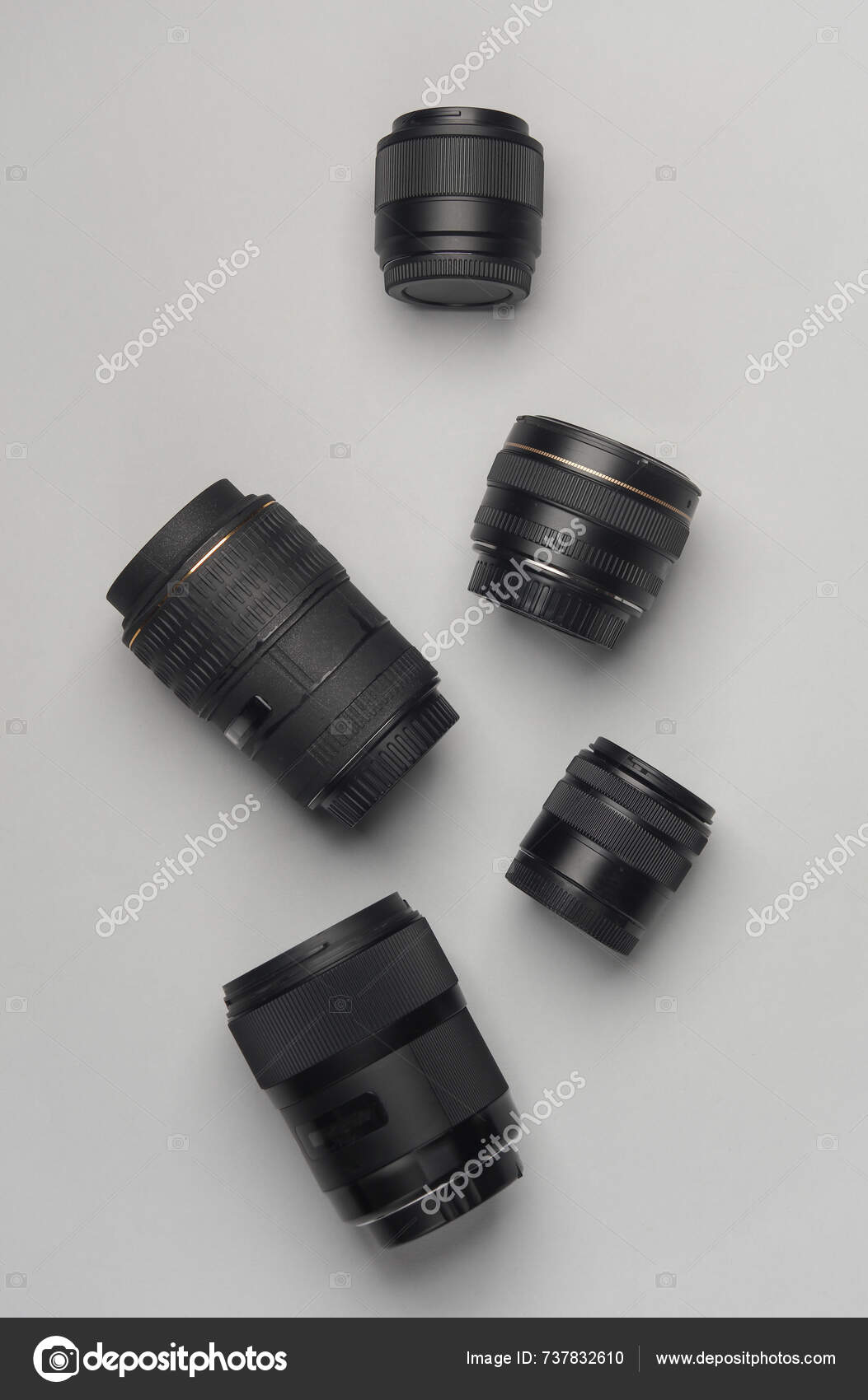 Professional Camera Lenses Gray Background Top View — Stock Photo ...