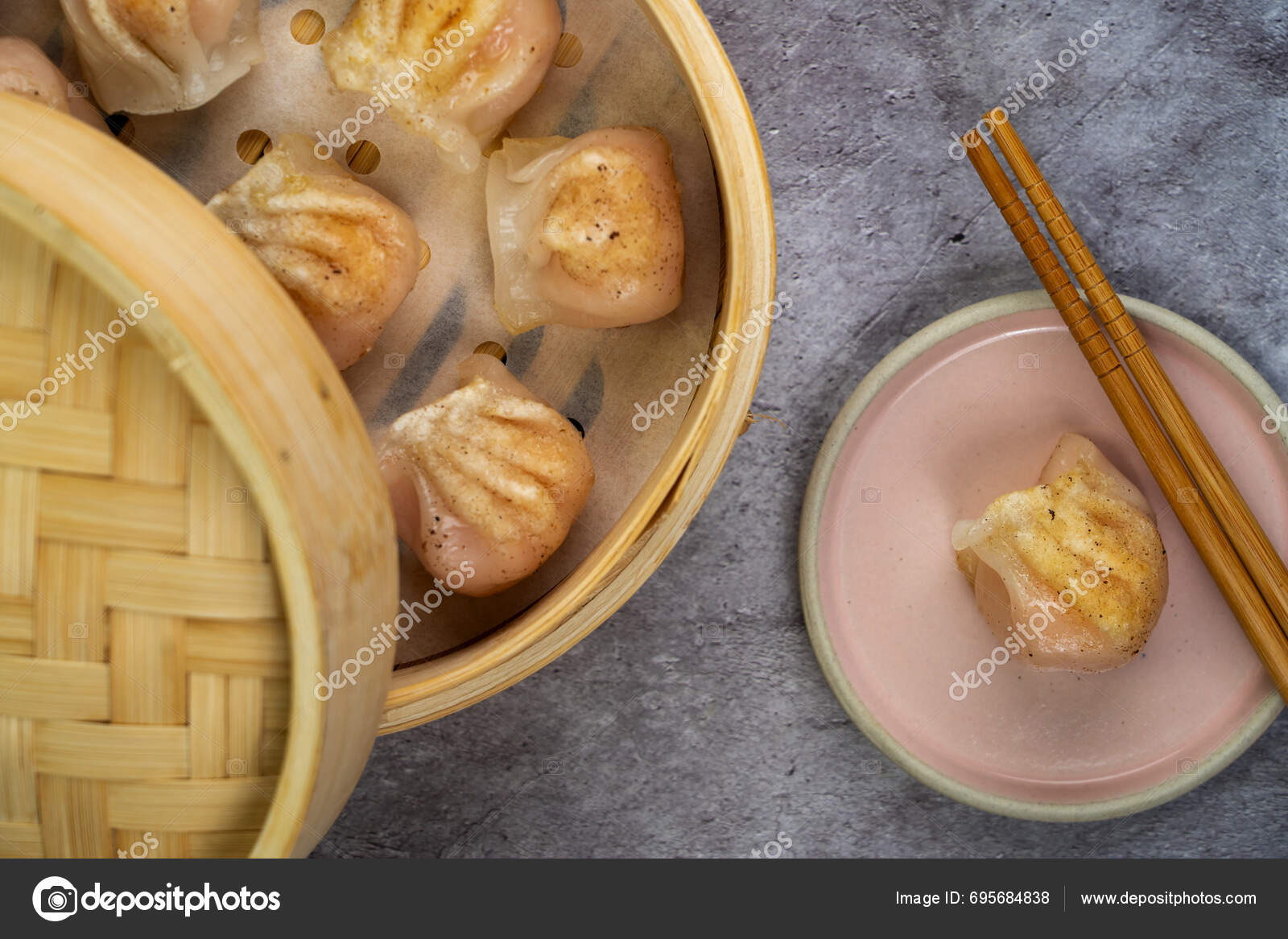 Homemade Dumplings Dim Sum Close Bamboo Steamer Box Table Horizontal ...