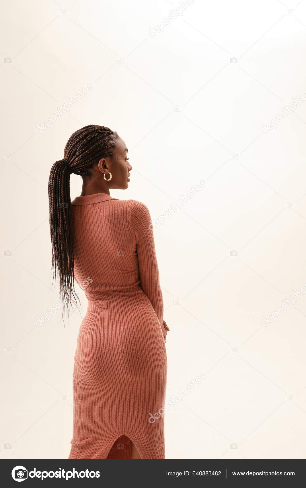 Back View Portrait Young Beautiful Woman Posing White Wall Vertical ...