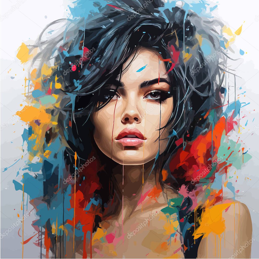 Color explosivo Acuarela Retrato de una mujer dramática. Diseño de ...