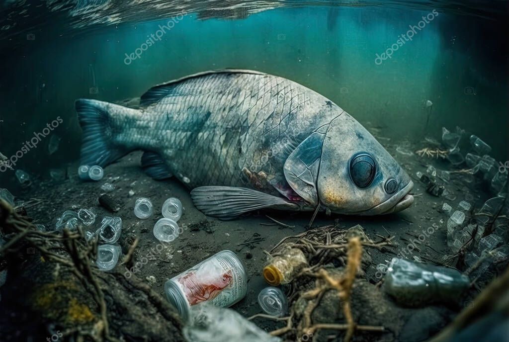 Peces muertos con basura plástica en el océano. Contaminación en los ...