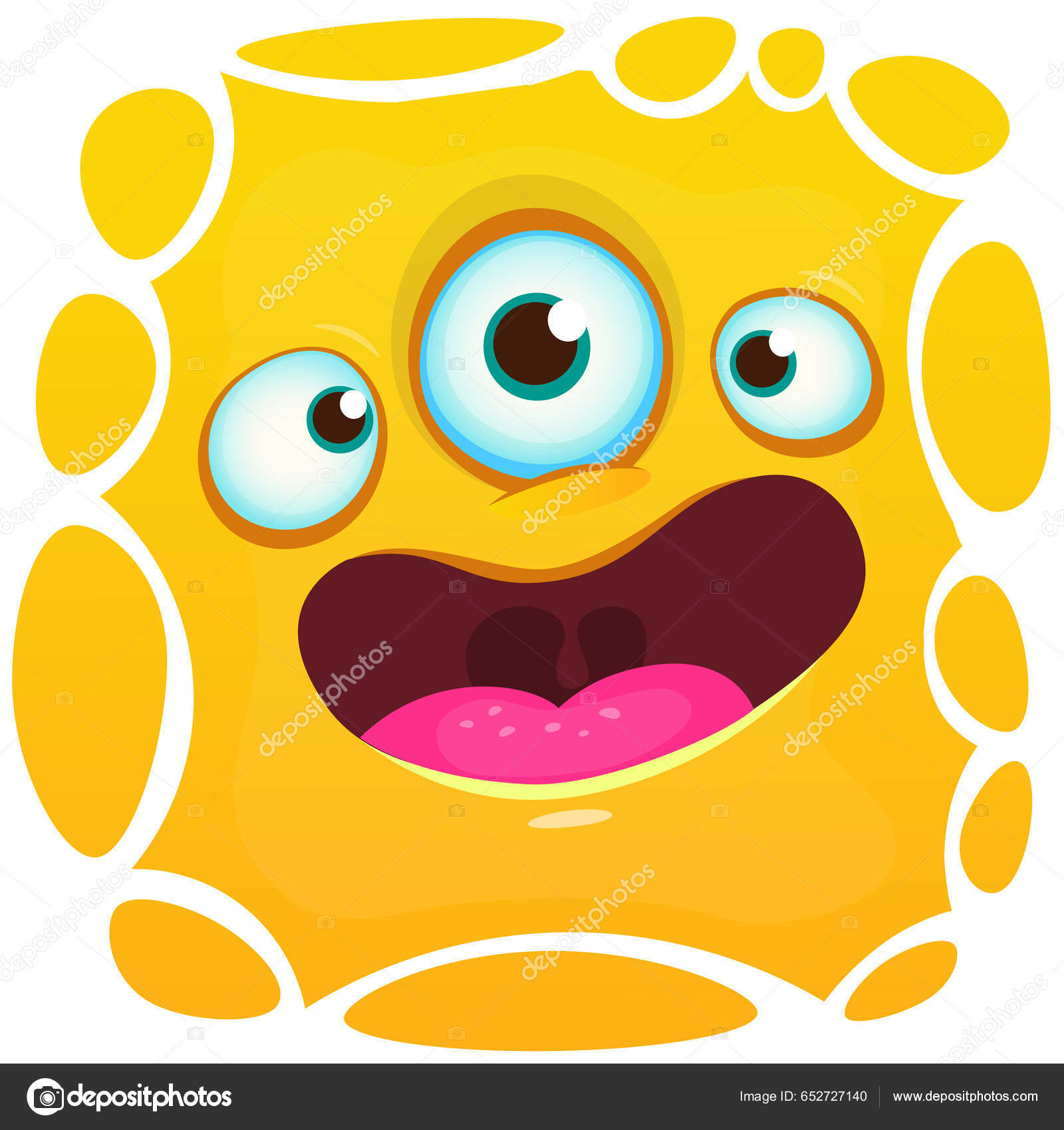 Funny Cartoon Monster Face Three Eyes Illustration Cute Happy Mythical ...