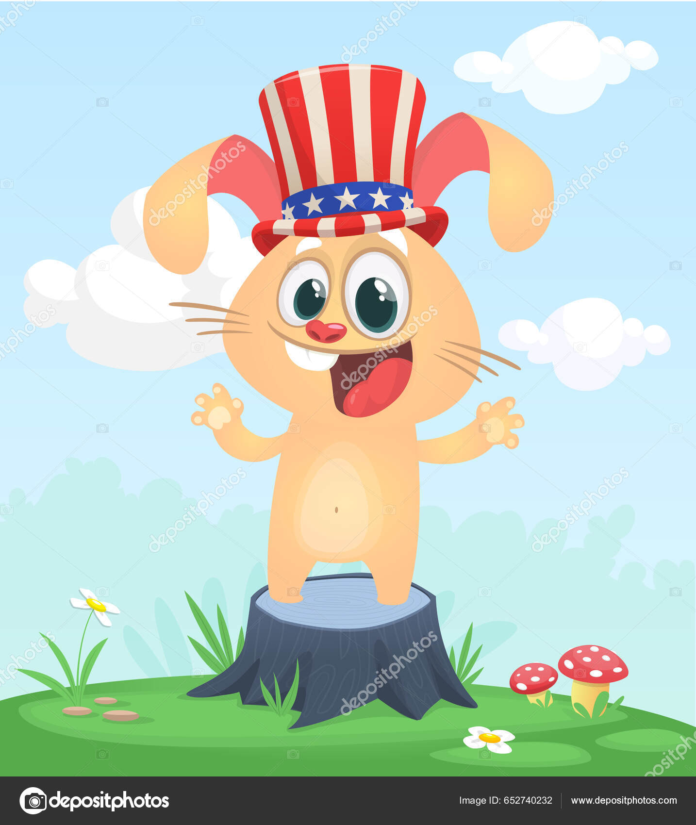 Cartoon Funny Happy Rabbit Standing Summer Meadow Tree Stump Vector ...