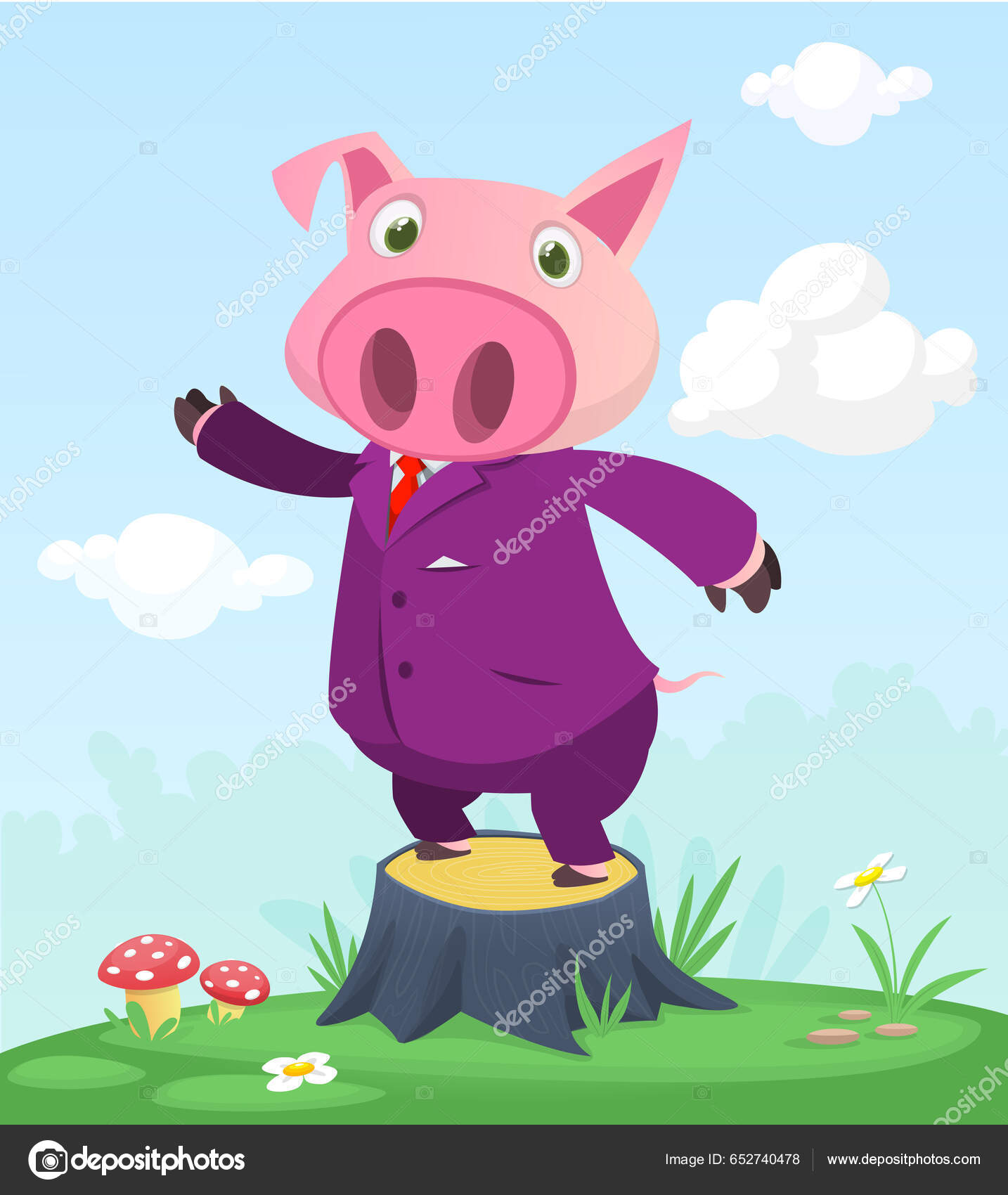 Dibujos Animados Divertido Feliz Cerdo Pie Prado Verano Tocón Del ...