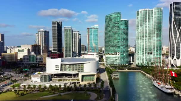 Aerial Downtown Miami Modern Highrises Line Waterfront Biscayne Bay ...