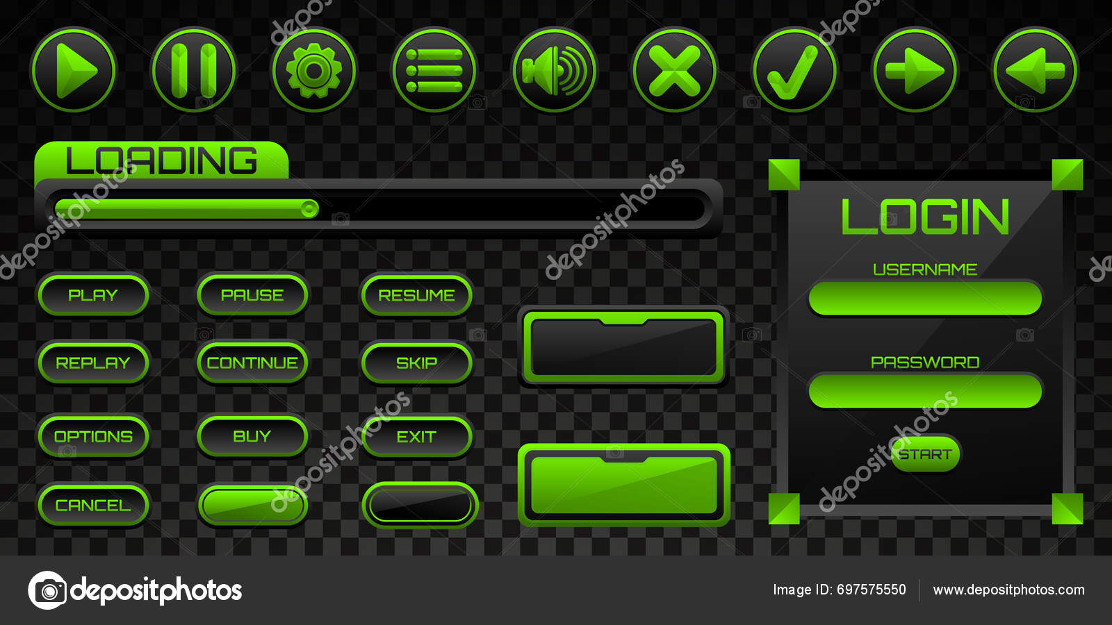 Black Neon Green Game Menu Interface Buttons Panels Gui Elements Stock ...