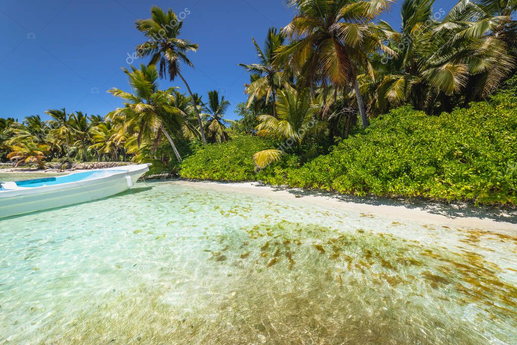 Barco y playa tropical en el mar Caribe, isla idílica de Saona, Punta ...