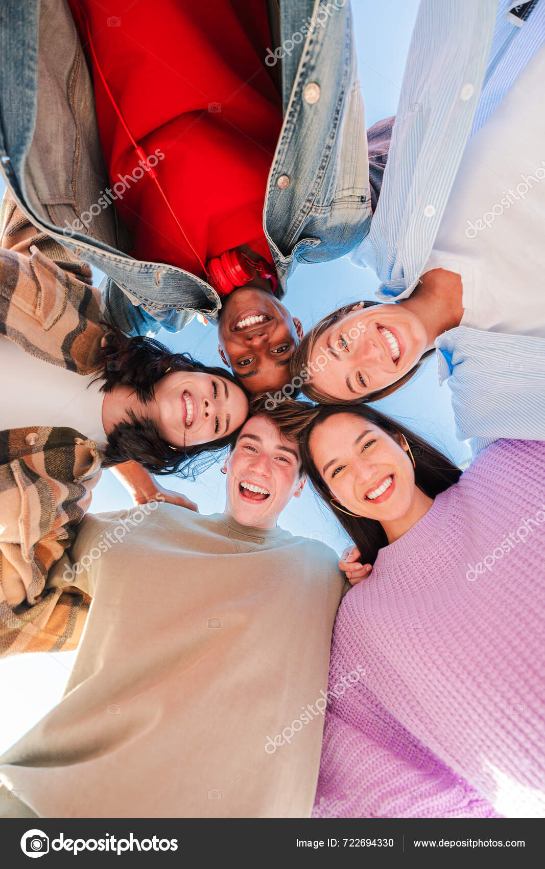 Vertical Low Angle View Group Multiracial Young Friends Hugging Circle ...