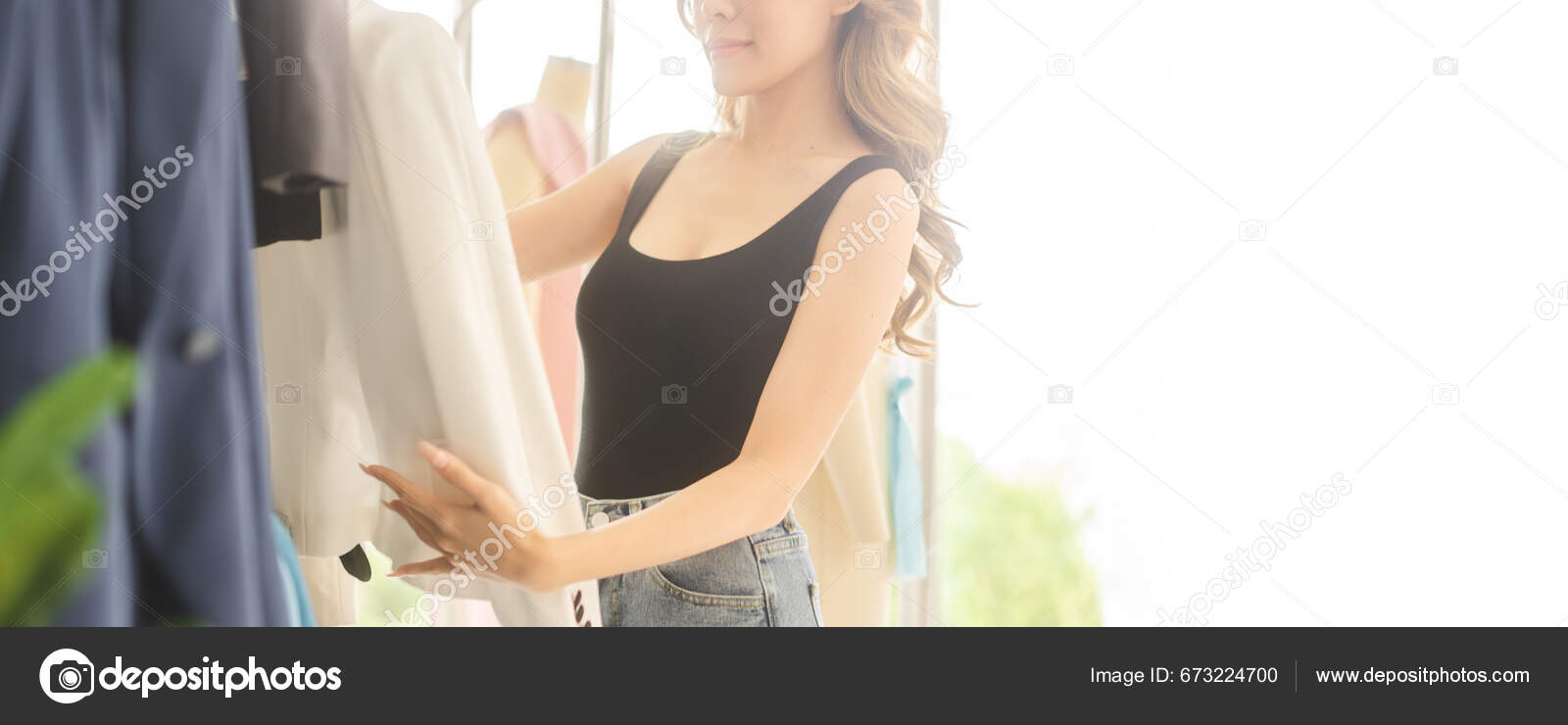 Woman Choosing Cloth Wardrobe Face Asian People Female Body Banner ...