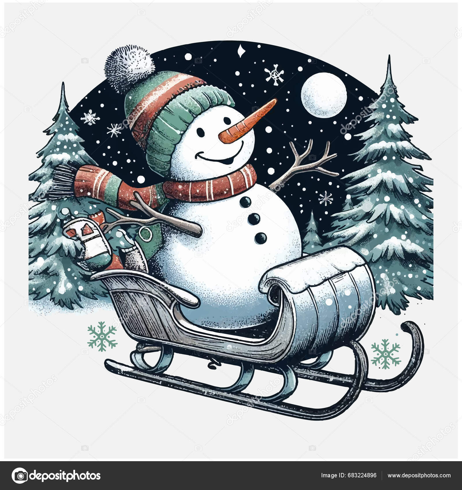 Snowman Sleigh Ride Vector File Christmas Scene Santa Christmas Holiday ...