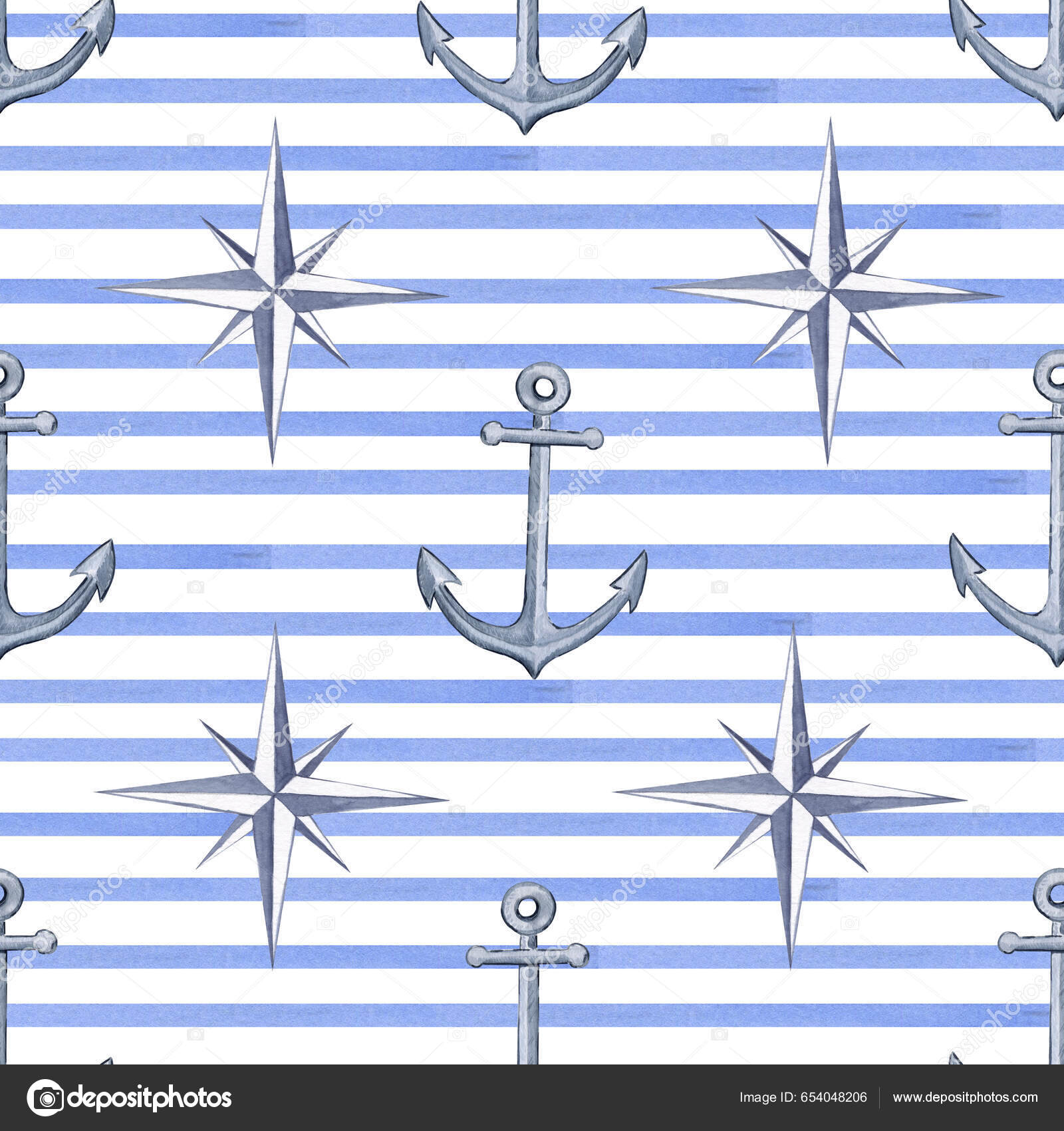 Blue Stripe Anchor Compass Watercolor Seamless Pattern Hand Drawn ...