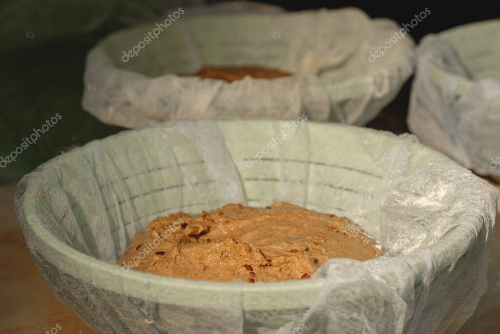 Masa recién preparada que se levanta en cestas tejidas, mostrando el ...