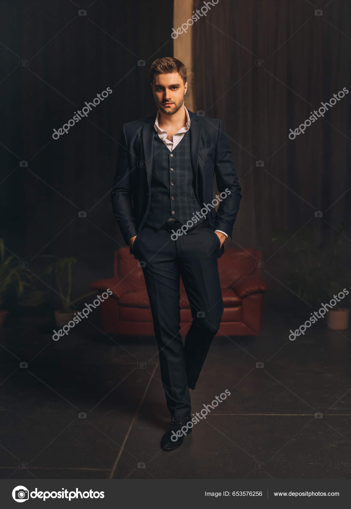 Portrait Handsome Brutal Man Classic Strict Three Piece Suit Jacket ...