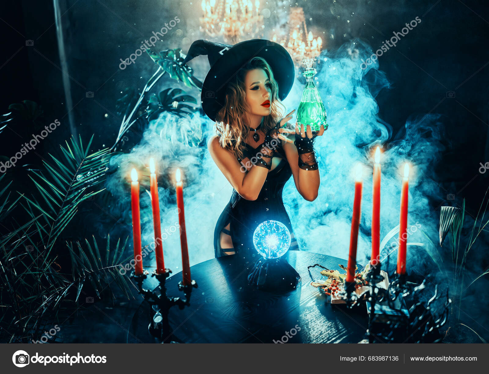 Fantasy Woman Witch Creates Magic Dark Gothic Room Full Smoke — Stock ...