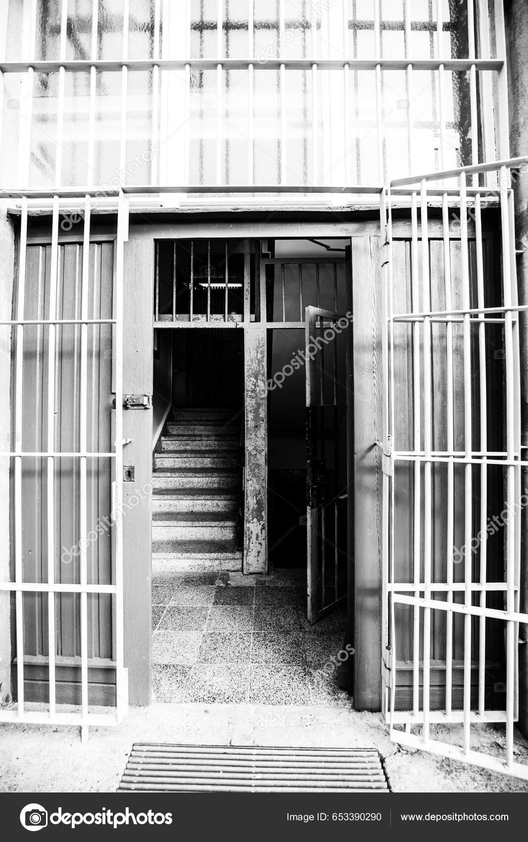 Grayscale Vertical Shot Building's Entrance Opened Metal Gate — Stock ...