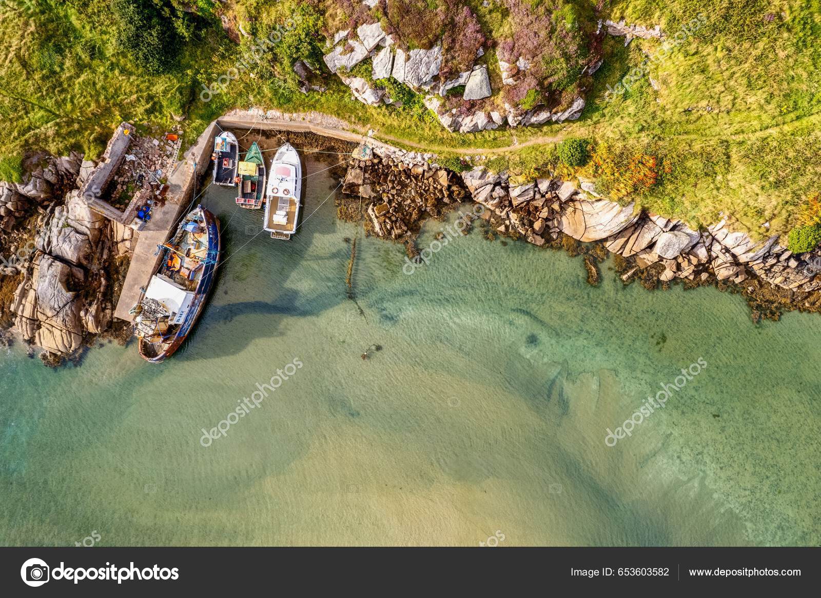Aerial Top View Atlantic Ocean Shore Donegal Ireland Docked Ships ...