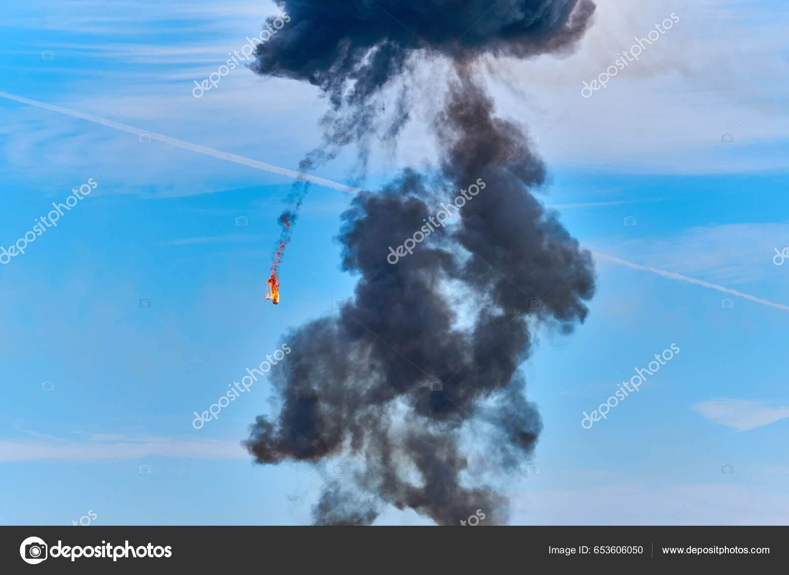 Horizontal Shot Big Explosion Black Smoke Fire Blue Sky Stock Photo by ...